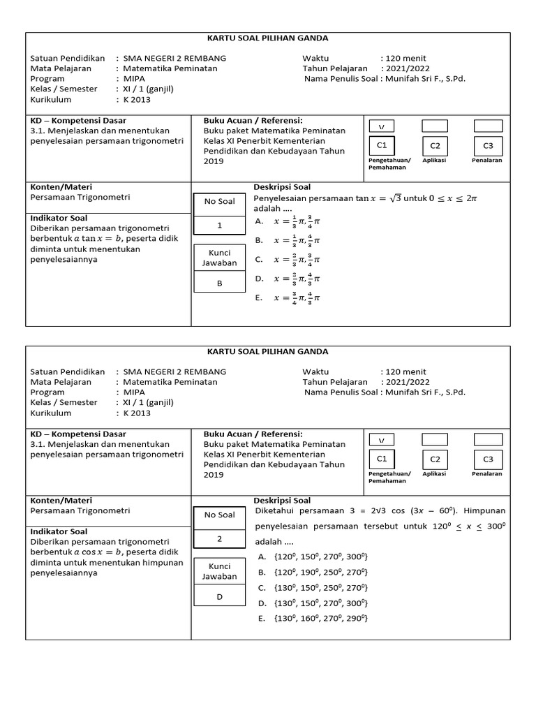 Kartu Soal Matematika Peminatan Kelas Xi | PDF