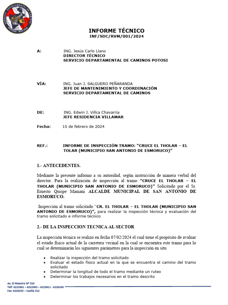Inspección Vial Cruce El Tholar 2024 | PDF
