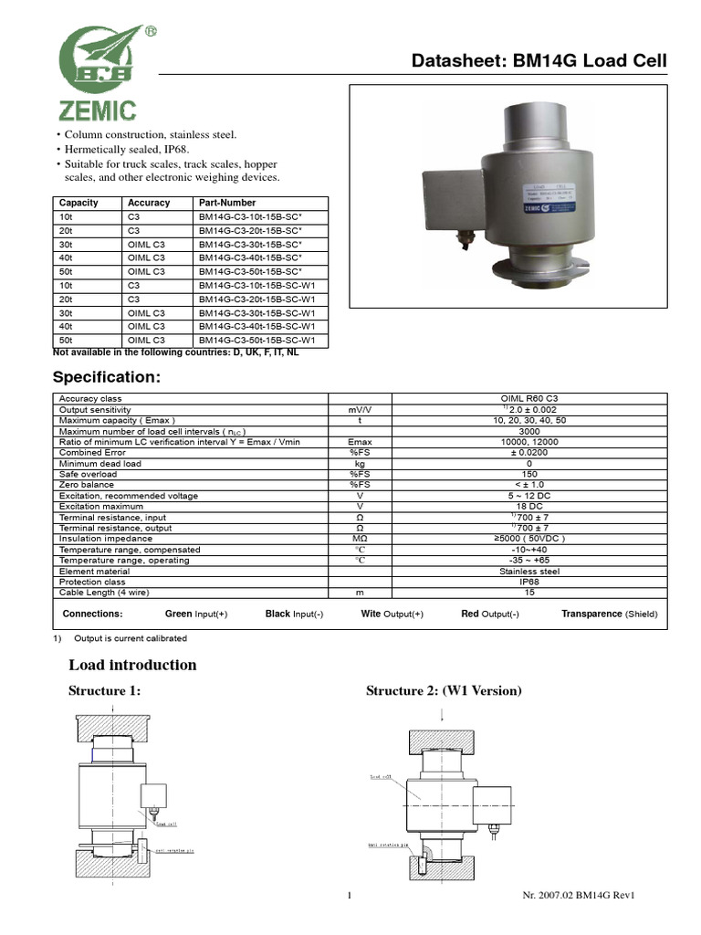 Datasheet: BM14G Load Cell: Specification | PDF | Electrical Engineering | Manufactured Goods