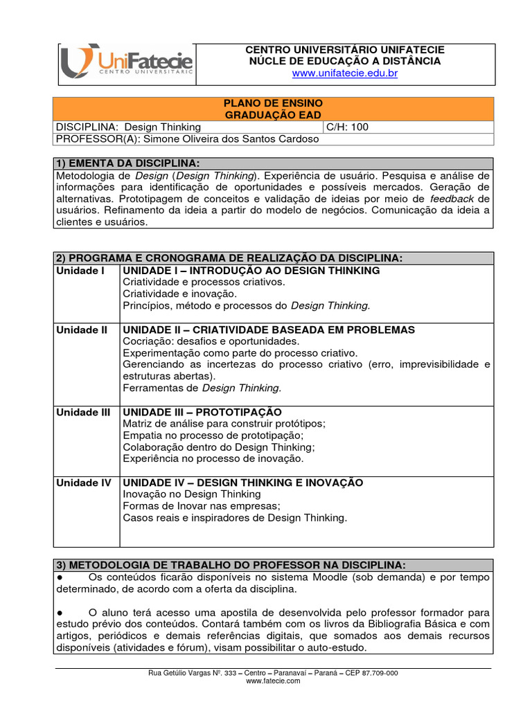 Plano de Ensino: Design Thinking EAD | PDF | Design Thinking | Educação ...