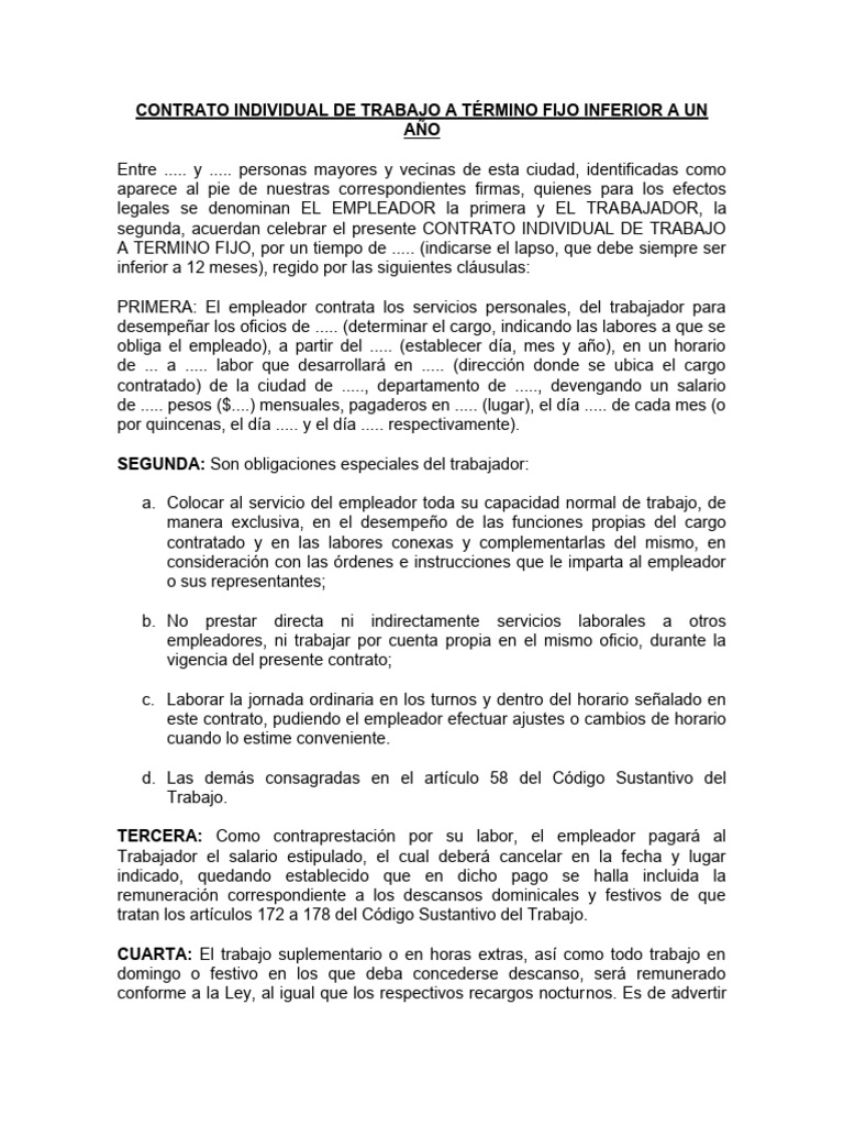 Contrato de Trabajo a Término Fijo | PDF | Derecho laboral | Salario
