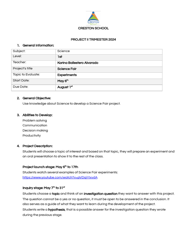 Instructions-Science Fair-Project-1ST Grade | PDF | Science | Question