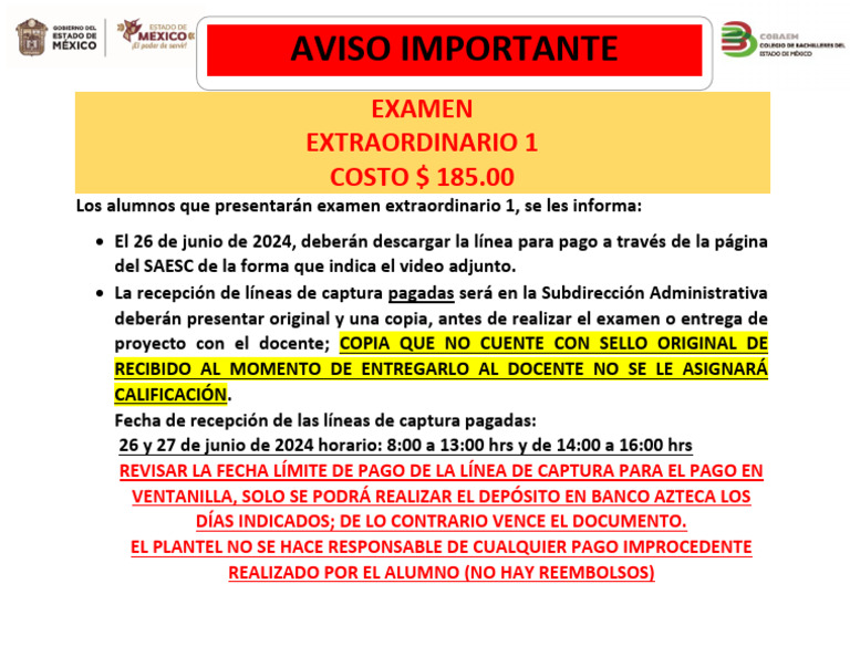 Examen Extraordinario 1: Pago y Fechas | PDF