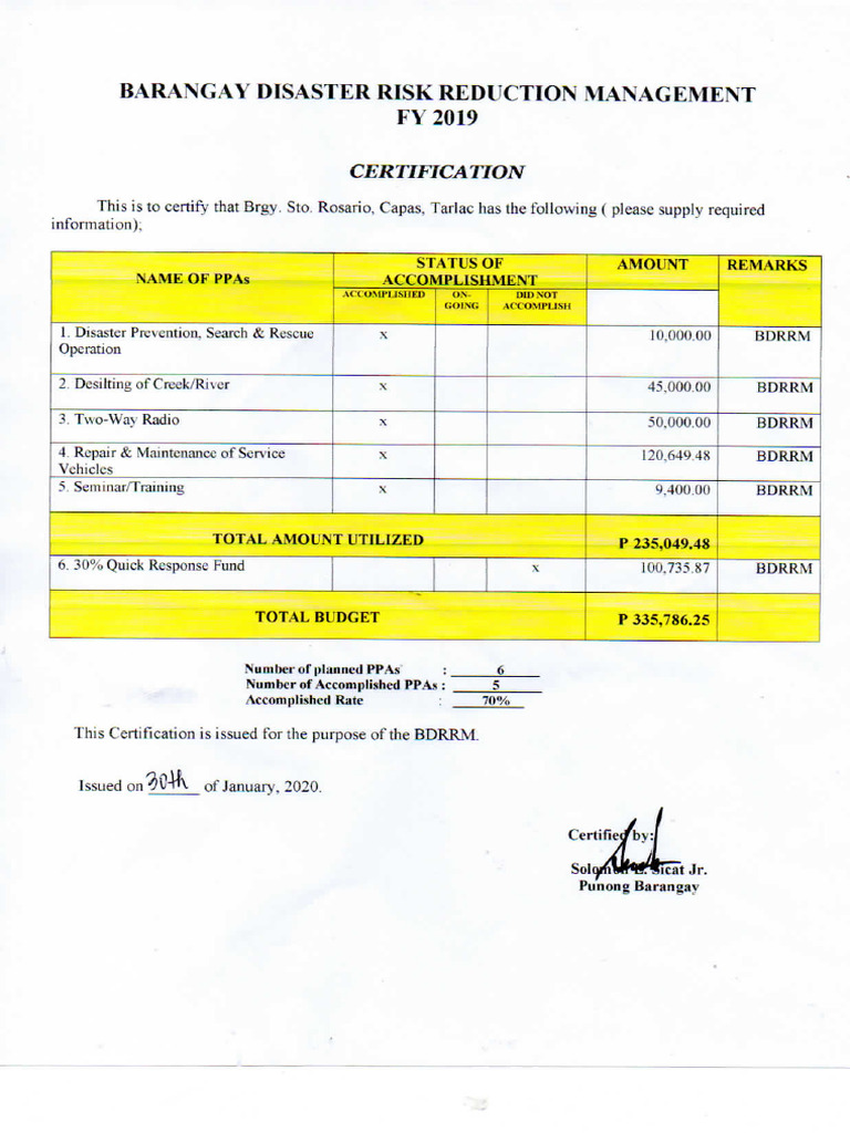 BDRRM Accomplishment Rate | PDF