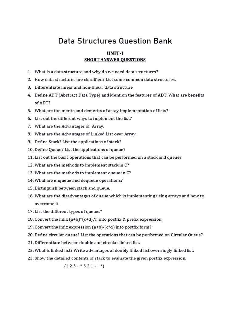 Ds Question Bank Pdf Queue Abstract Data Type Algorithms And Data Structures