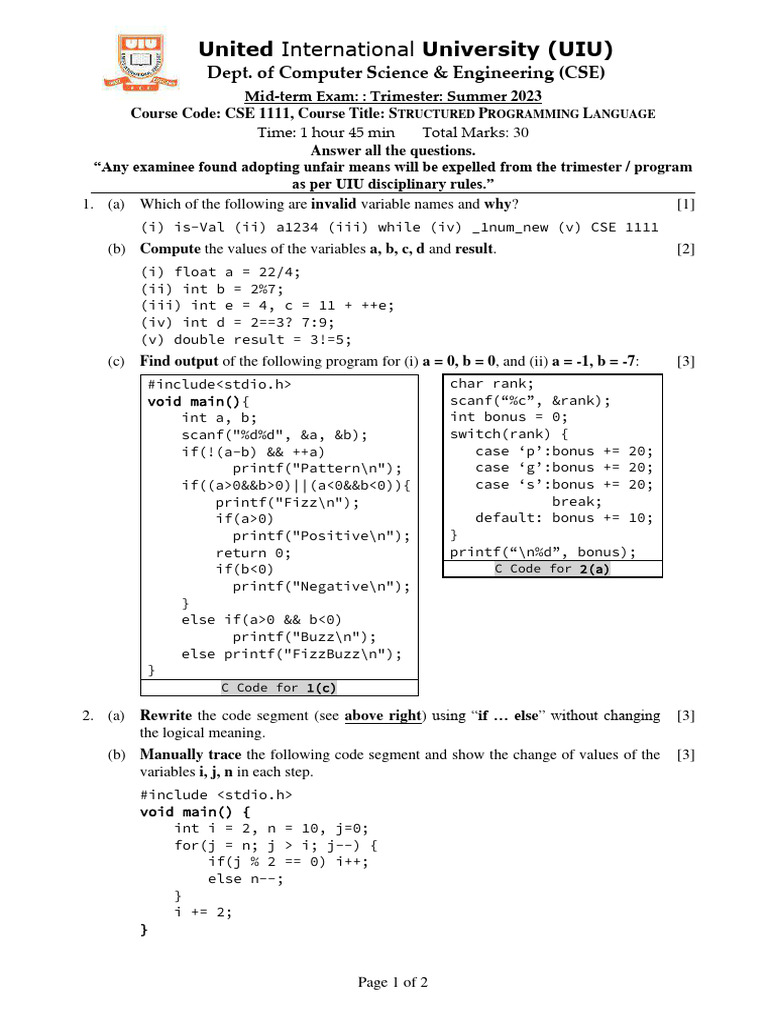 CSE1111 Mid 232 | PDF | Control Flow | Software Development