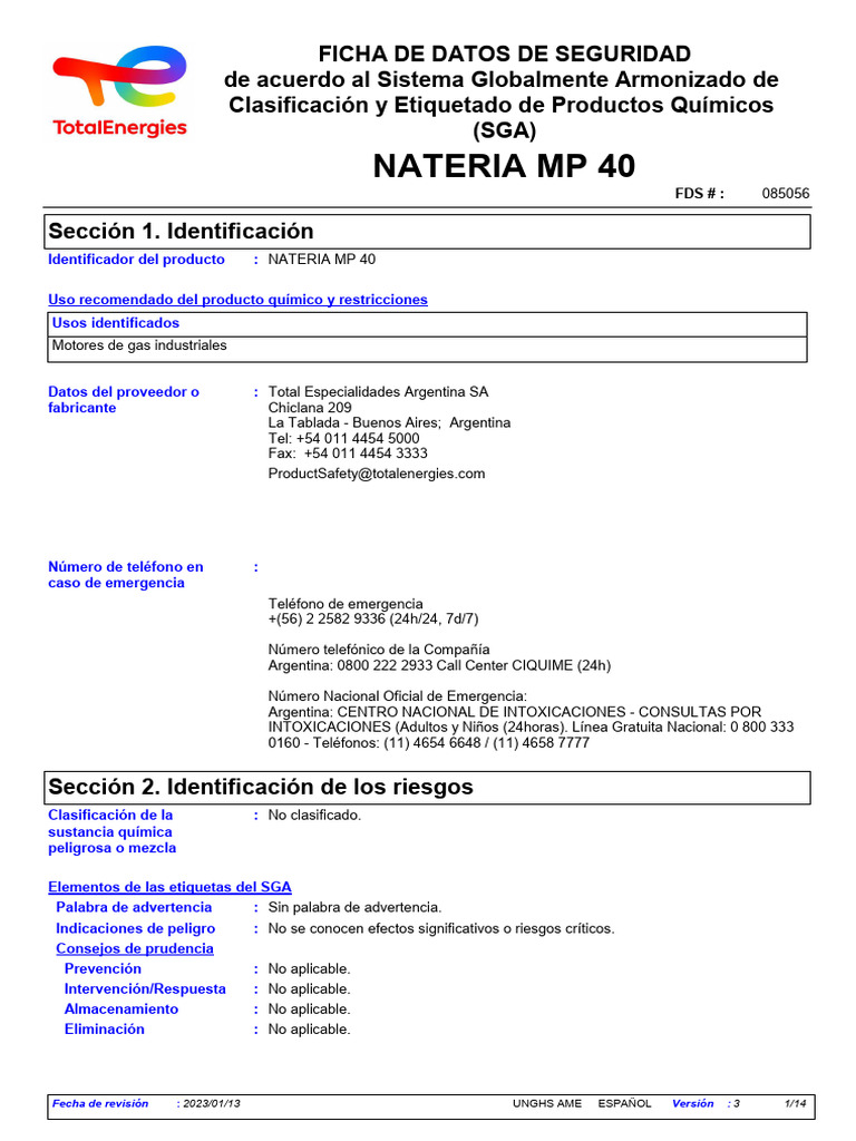TOTAL NATERIA MJ 40 HOJA DE SEGURIDAD | PDF | Residuos | Agua