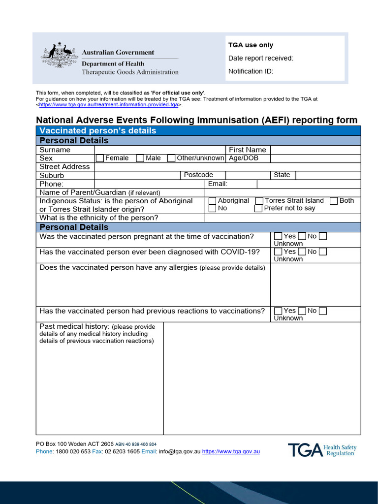 National Adverse Events Following Immunisation Aefi Reporting Form Feb ...