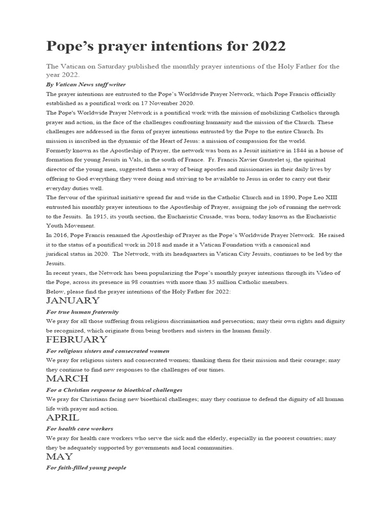 Pope Intentions 2022 | PDF | Christian Denominational Families ...