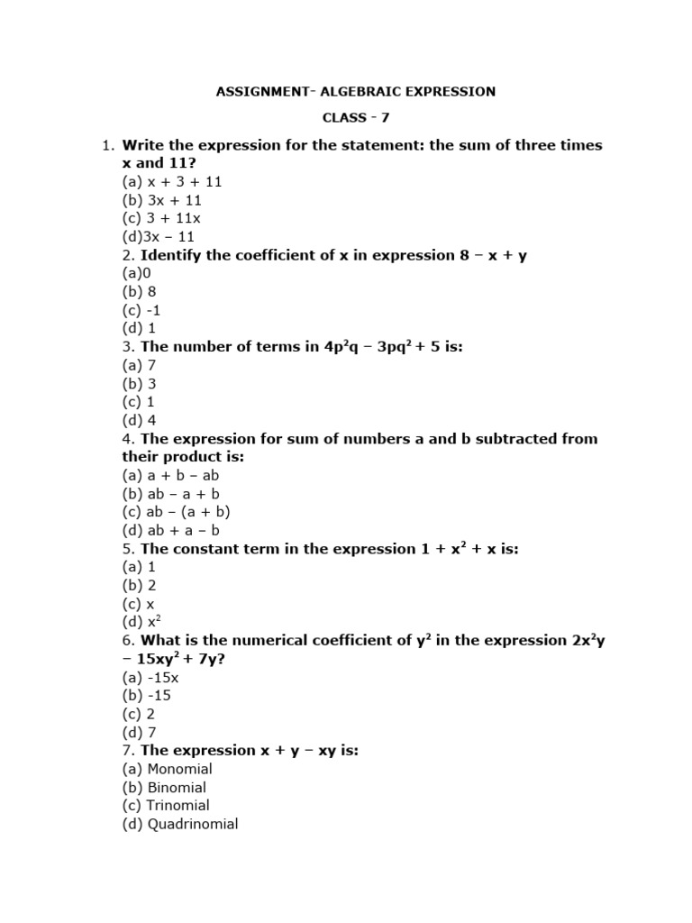 ASSIGNMENT- ALGEBRAIC EXPRESSIONS CLASS 7 | PDF | Factorization | Numerical Analysis