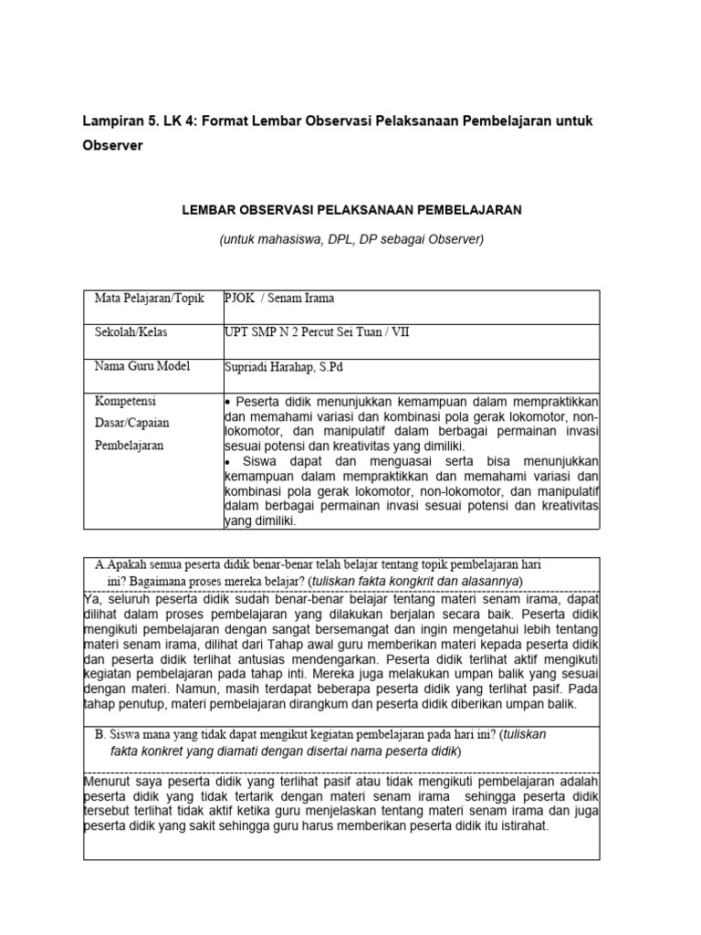 01.05.6-B4-5 Unggah LK 4 - Lembar Observasi Pembelajaran Observer - Siklus 1 | PDF | Karier ...