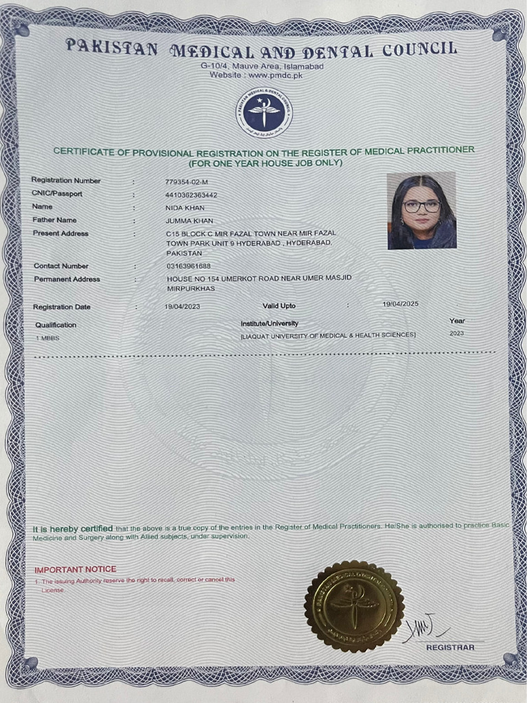 PMDC License Housejob DR Nida | PDF