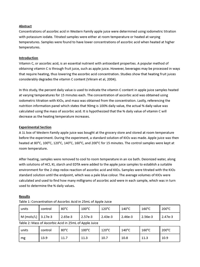 Experiment 9 Lab Report | PDF | Vitamin C | Acid