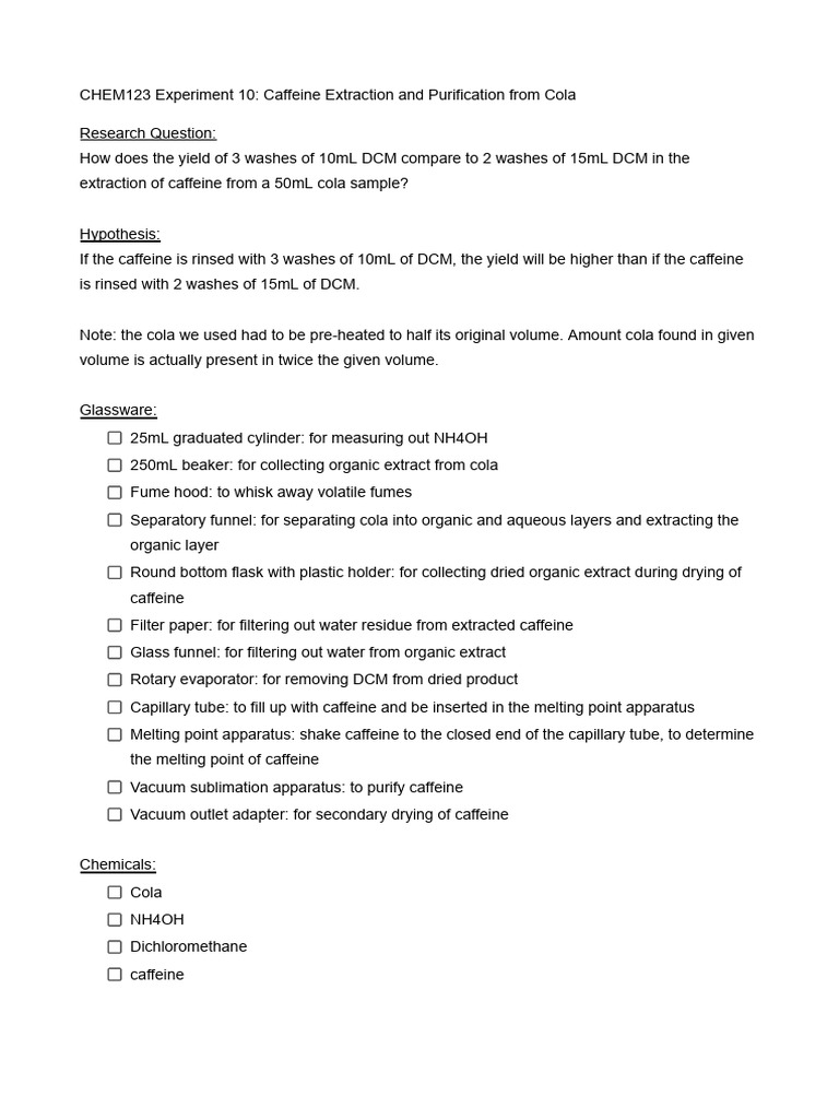 Caffeine Extraction and Purification Lab | PDF | Filtration | Chemistry