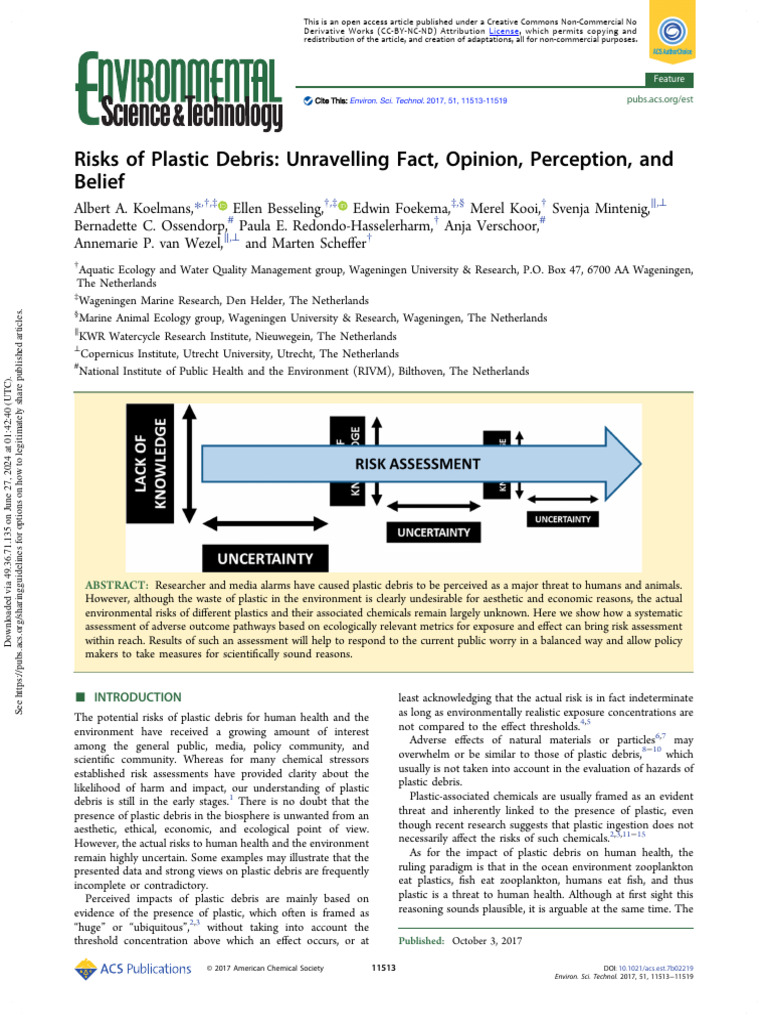 Koelmans Et Al 2017 Risks of Plastic Debris Unravelling Fact Opinion ...