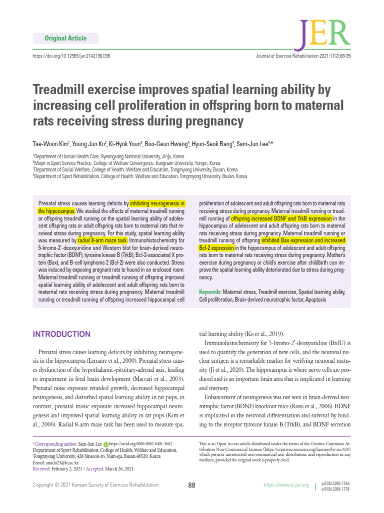 Kim Treadmill Exercise Improves Spatial Learning Ability by Increasing Cell Proliferation in ...