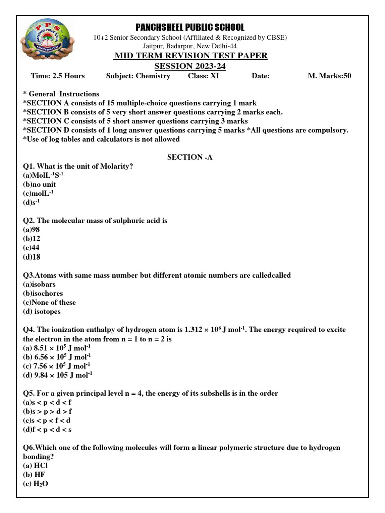 CHEMISTRY REVISION TEST PAPER CLASS XI - Compressed | PDF | Nuclear ...