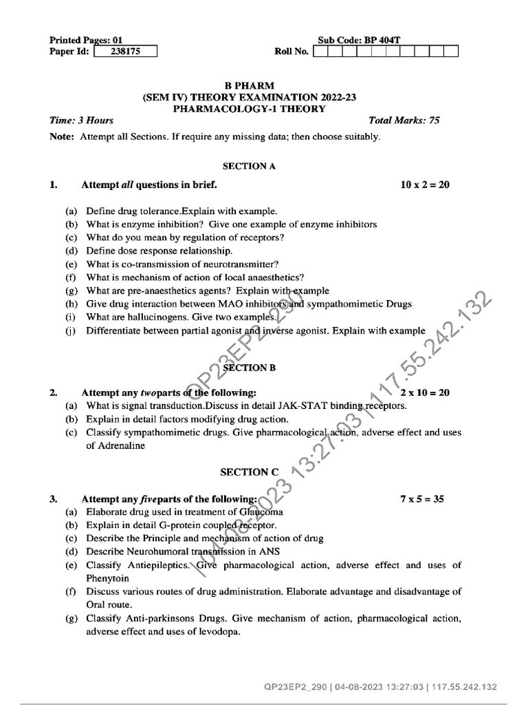 Pharmacology 1 Previous Year Question Papers | PDF