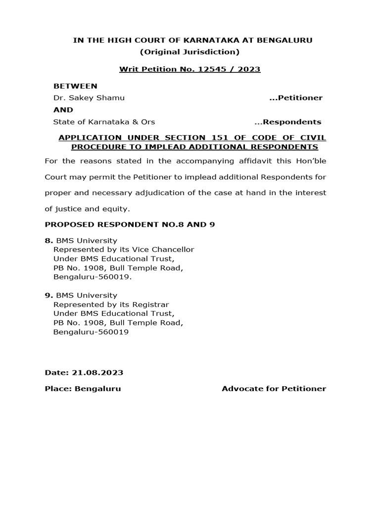 BMS University Impleading Application | PDF | Affidavit | Justice