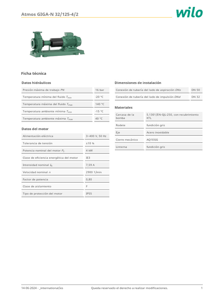 Wilo Datasheet - International - Es - 6086296 - Atmos Giga N 32 125 4 2 ...