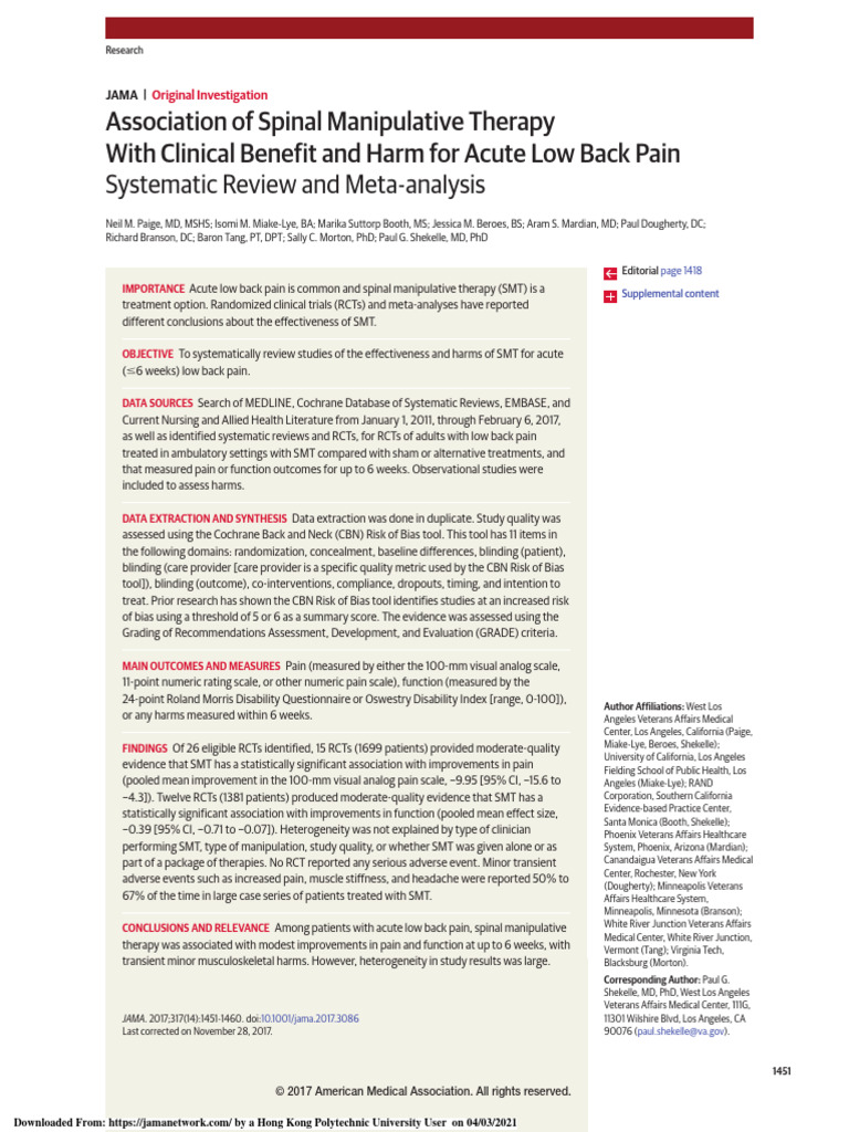 Association of Spinal Manipulative Therapy | PDF | Randomized ...