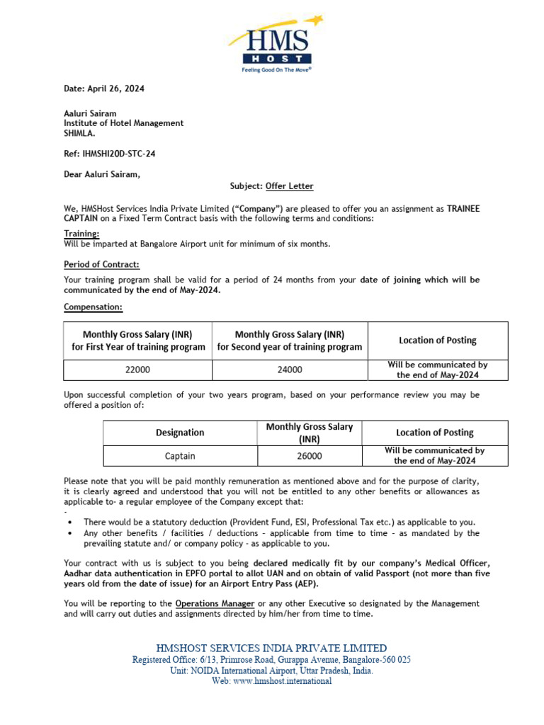 HMSHost Offer Letter-IHM-2024-1-113 | PDF | Salary | Employment