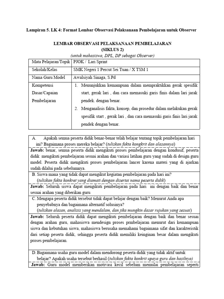 Lampiran 5. LK 4 Format Lembar Observasi Pelaksanaan Pembelajaran Untuk Observer SIKLUS 2 | PDF