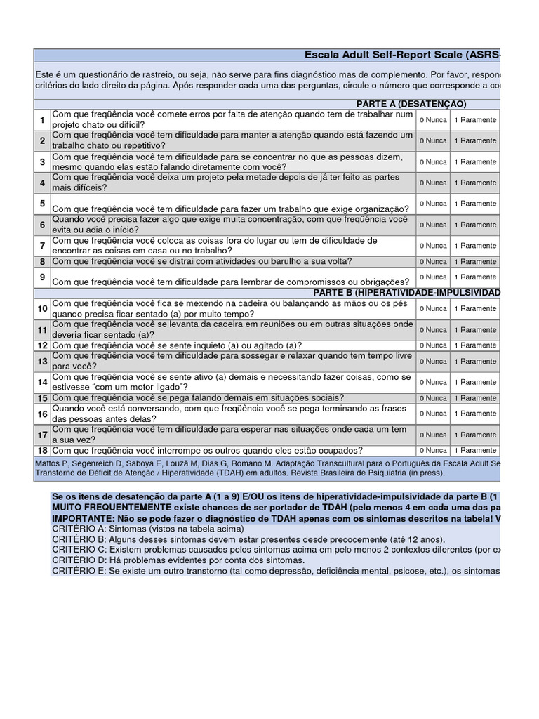 Escala Adult Self-Report Scale (ASRS-18) | Download grátis PDF ...
