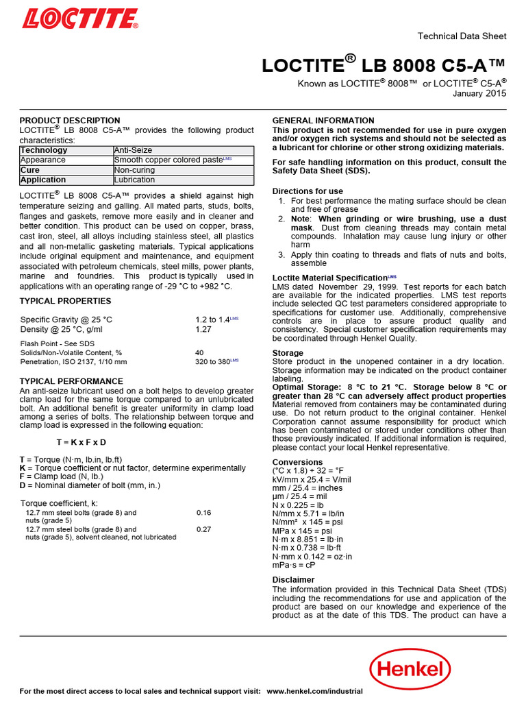 Loctite LB 8008 C5-A Technical Data Sheet | PDF | Legal Liability ...