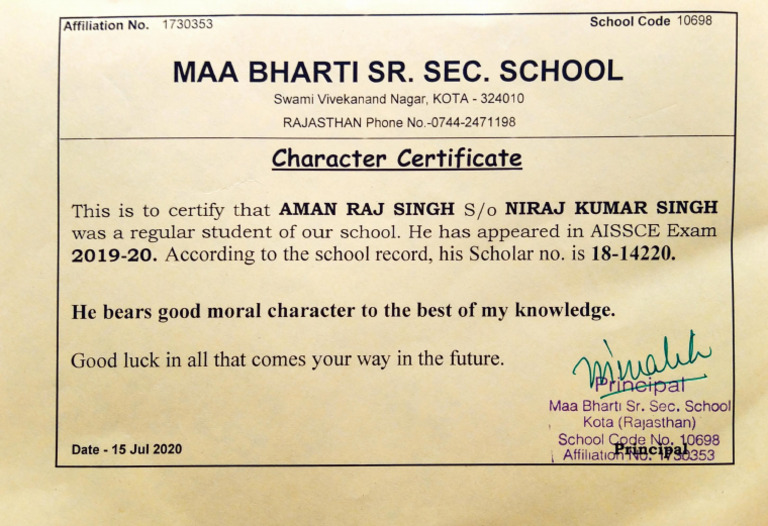 Character Certificate | PDF