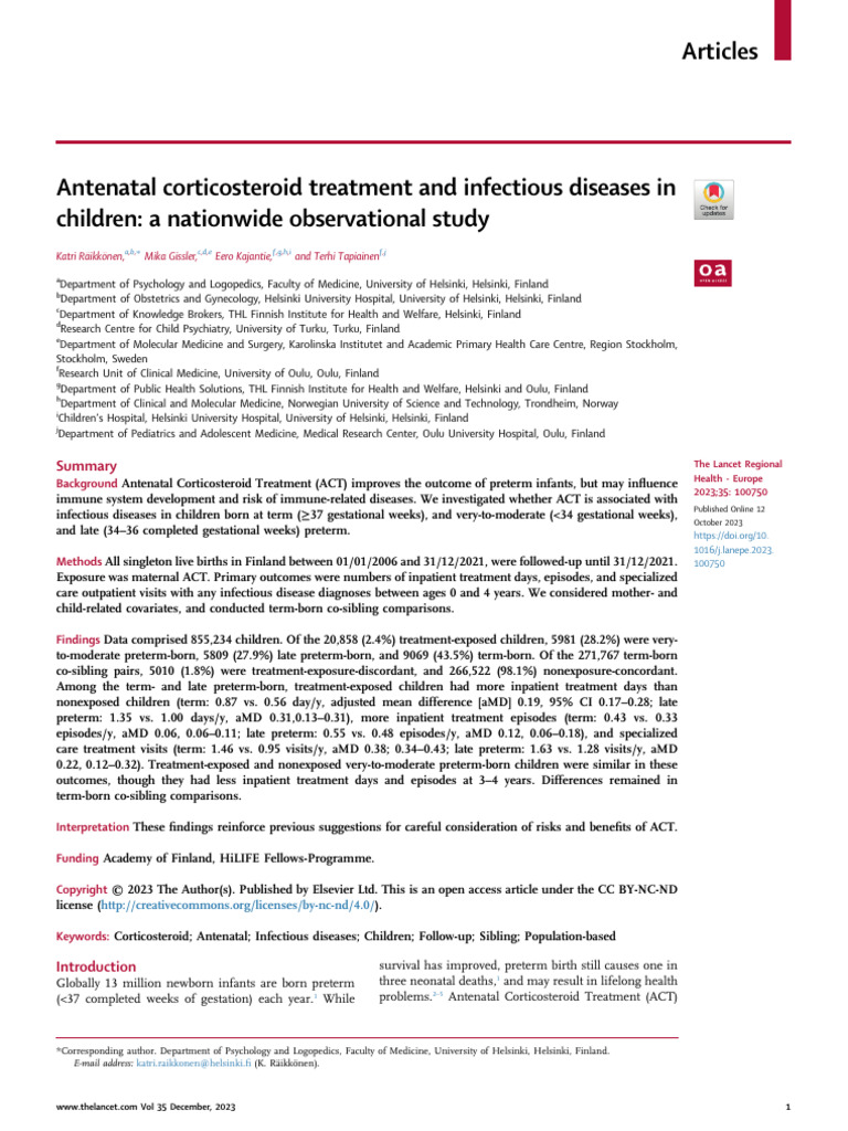 Antenatal Corticosteroid Treatment and Infectious | PDF | Preterm Birth | Pregnancy