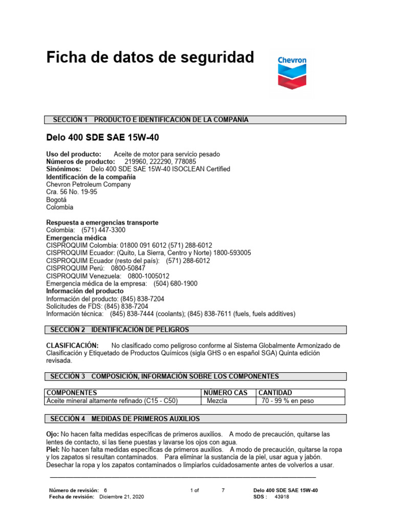 SDS Delo 400 SDE SAE 15W40 API CK-4 | PDF | Combustión | Contaminación