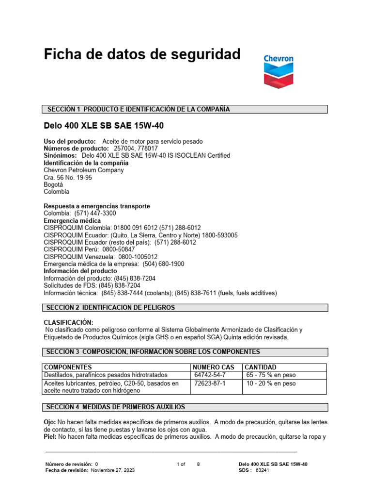 SDS Delo 400 Xle SB Sae 15W40 | PDF | Combustión | Contaminación