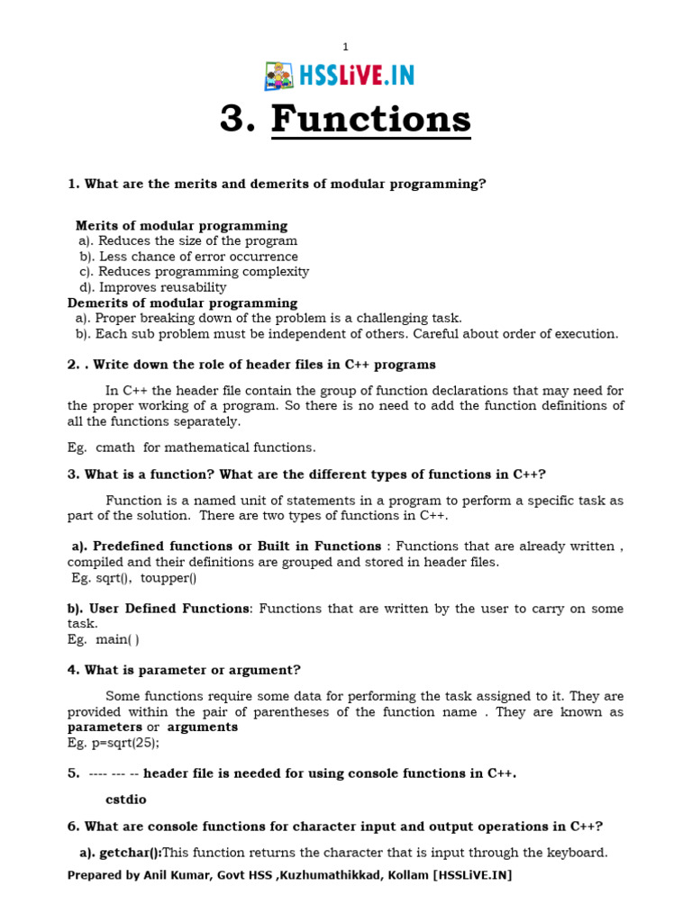 HSSLive XII CA CH 3 Functions | PDF | Parameter (Computer Programming) | C++