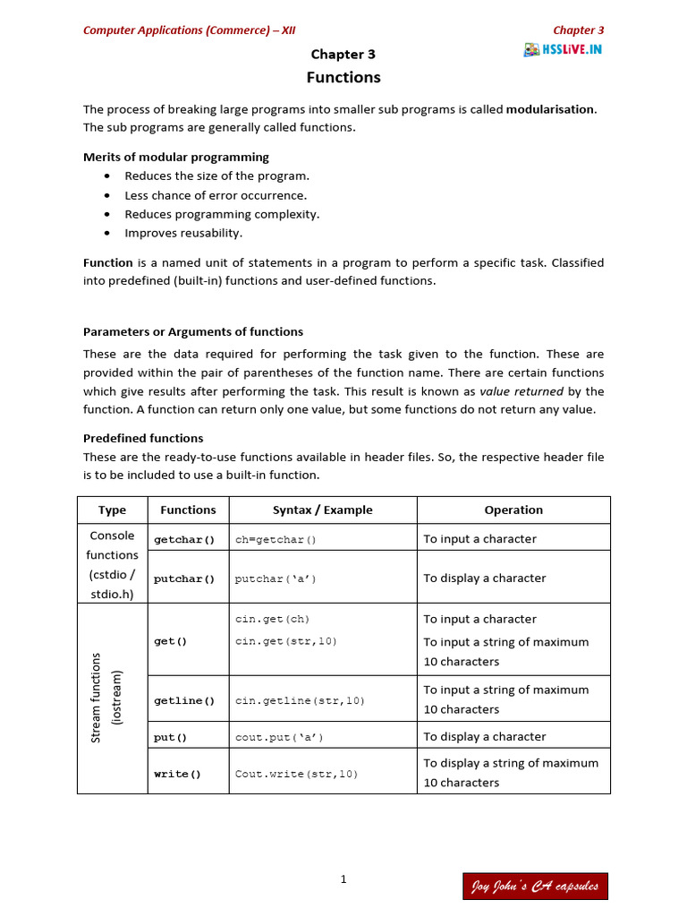 HSSLiVE XII CA Chapter 3 Functions Joy John | PDF | Parameter (Computer Programming) | Data Type