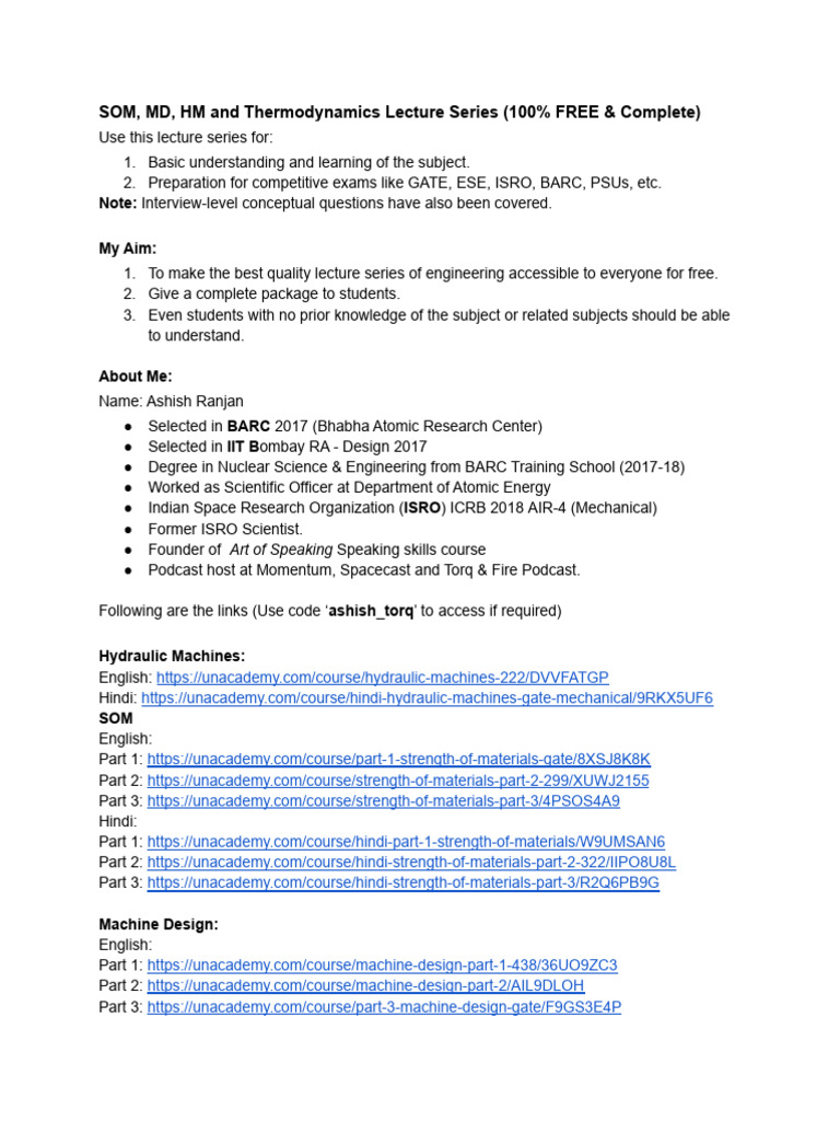 SOM, MD, HM and Thermodynamics (100% FREE & Complete by Ashish Ranjan - Selected in BARC, IIT ...