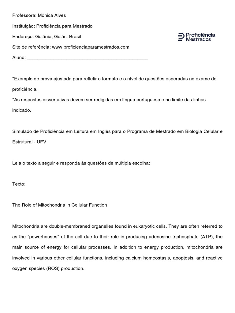 BIOLOGIA CELULAR E ESTRUTURAL UFV - Biologiacelulareestruturalufv - Prova | PDF | Mitochondrion ...