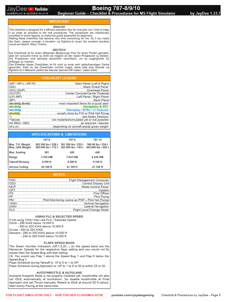 787-8/9/10 Pilot Checklist Guide | PDF | Aerospace | Aircraft