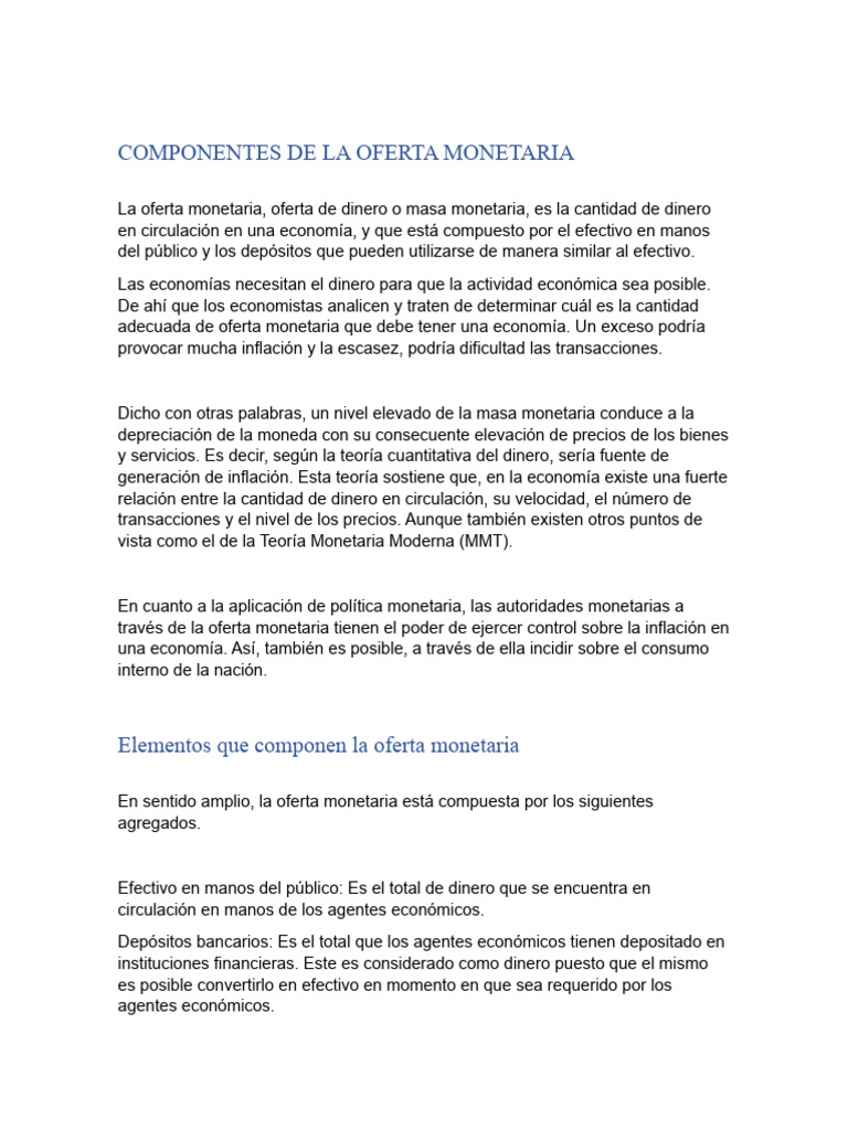 Componentes de La Oferta Monetaria | PDF | La política monetaria ...