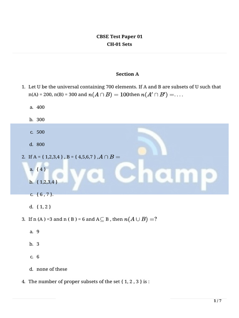 CBSE Test Paper 01 CH-01 Sets | PDF | If And Only If | Mathematical ...