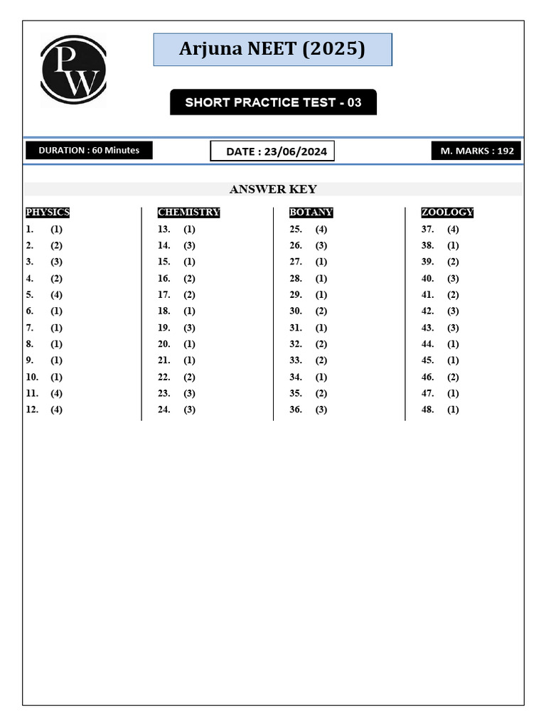 Short Practice Test 03 _ Hints & Solutions __ Arjuna NEET 2025 | PDF ...