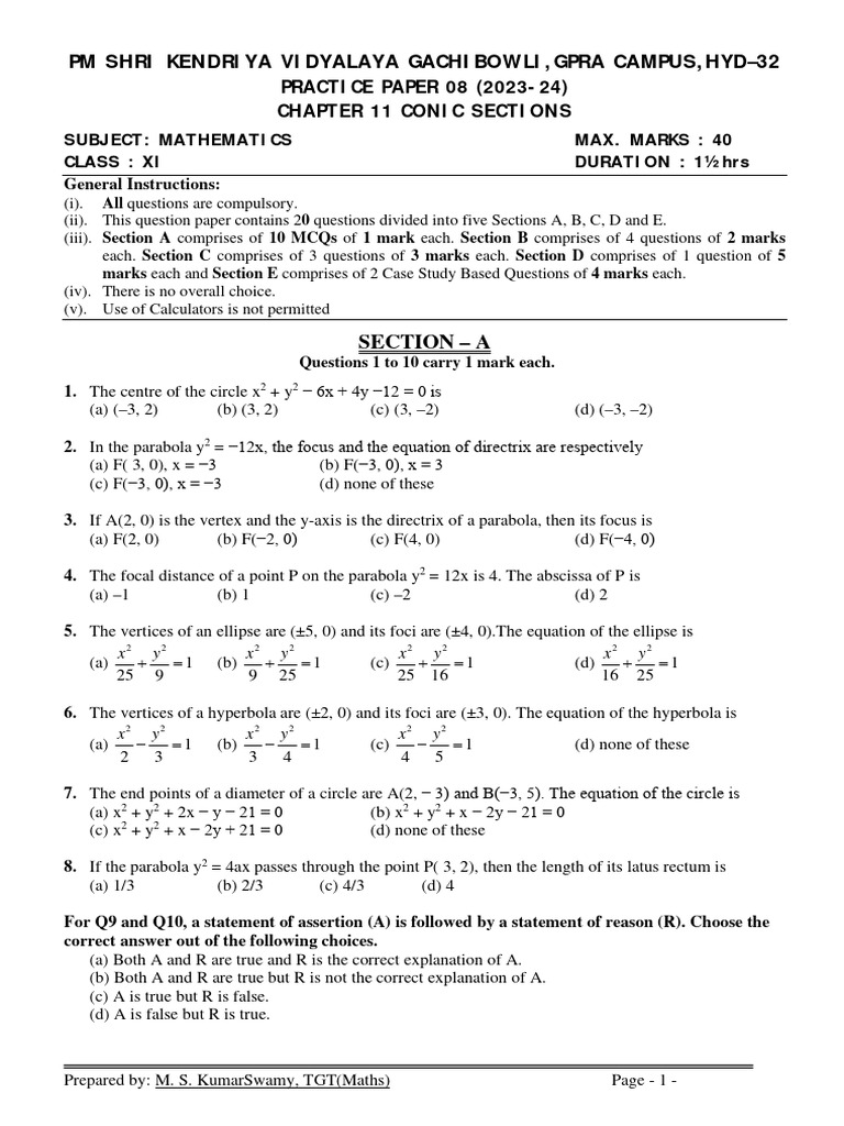 Maths Class Xi Chapter 11 Conic Sections Practice Paper 08 | PDF | Ellipse | Euclidean Geometry