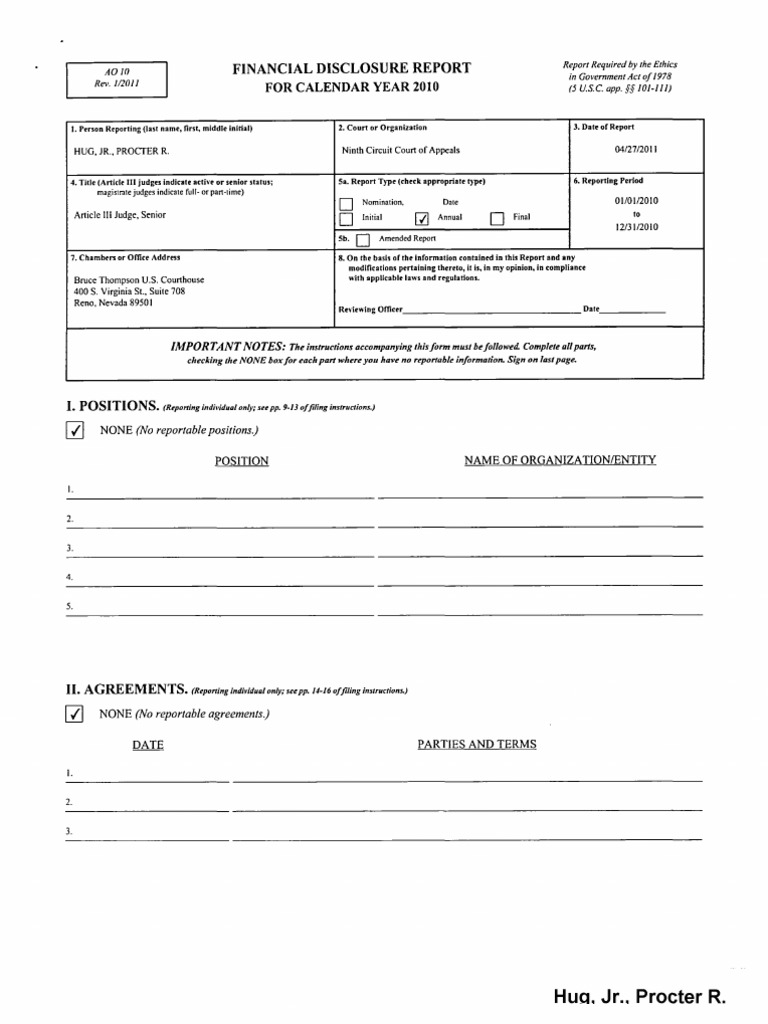Procter R Hug JR Financial Disclosure Report For 2010 | PDF | Wells ...