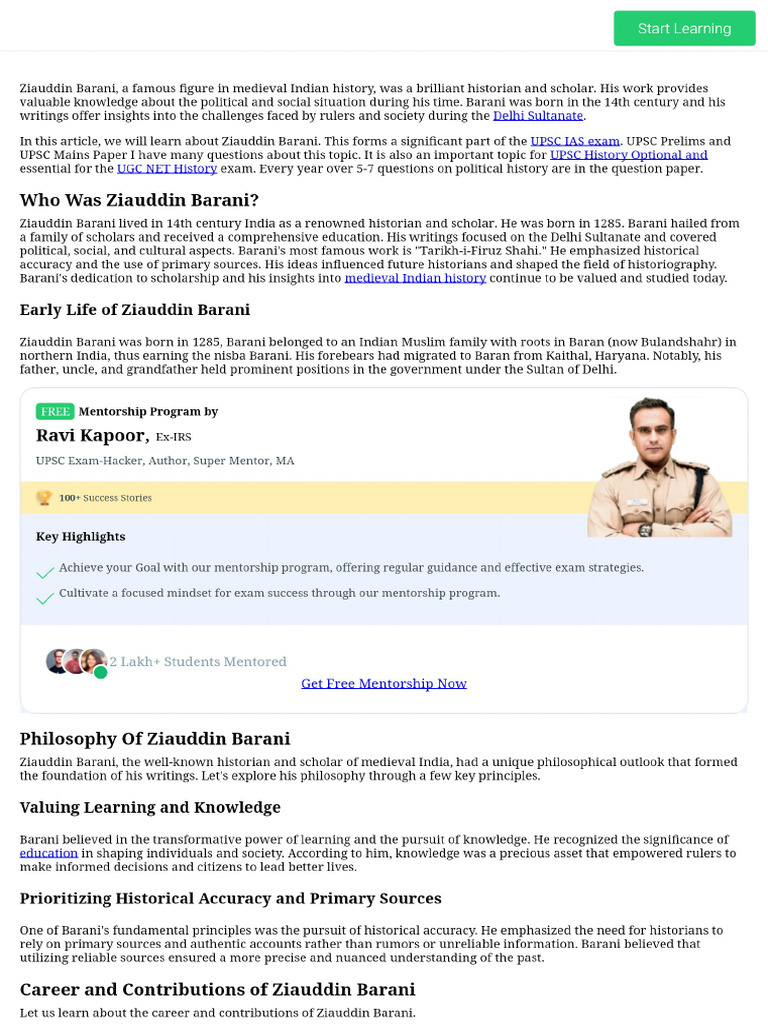 Ziauddin Barani - Early Life, Education, Career, and Contribution! | PDF