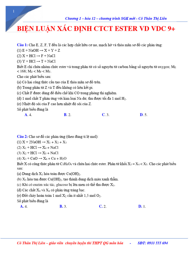 BIỆN LUẬN XÁC ĐỊNH CTCT ESTER VD VDC 9 | PDF