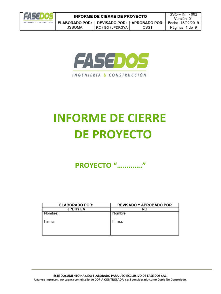 SSO-INF-002 - Informe de Cierre de Proyecto. Ver 01 | PDF