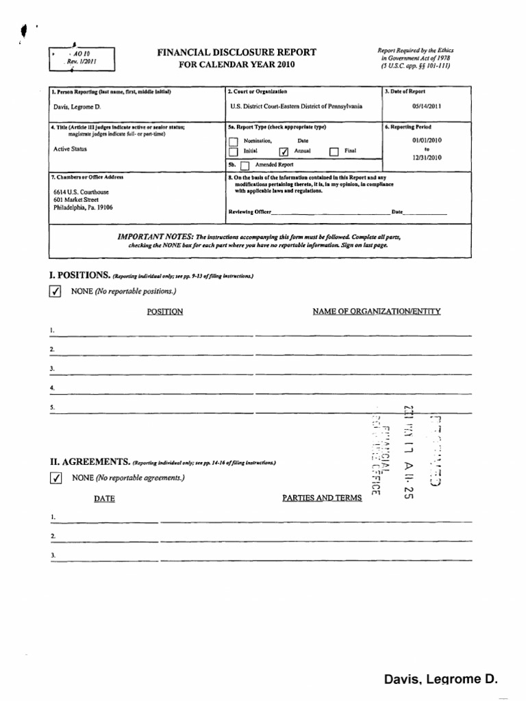 Legrome D Davis Financial Disclosure Report For 2010 | PDF | United ...