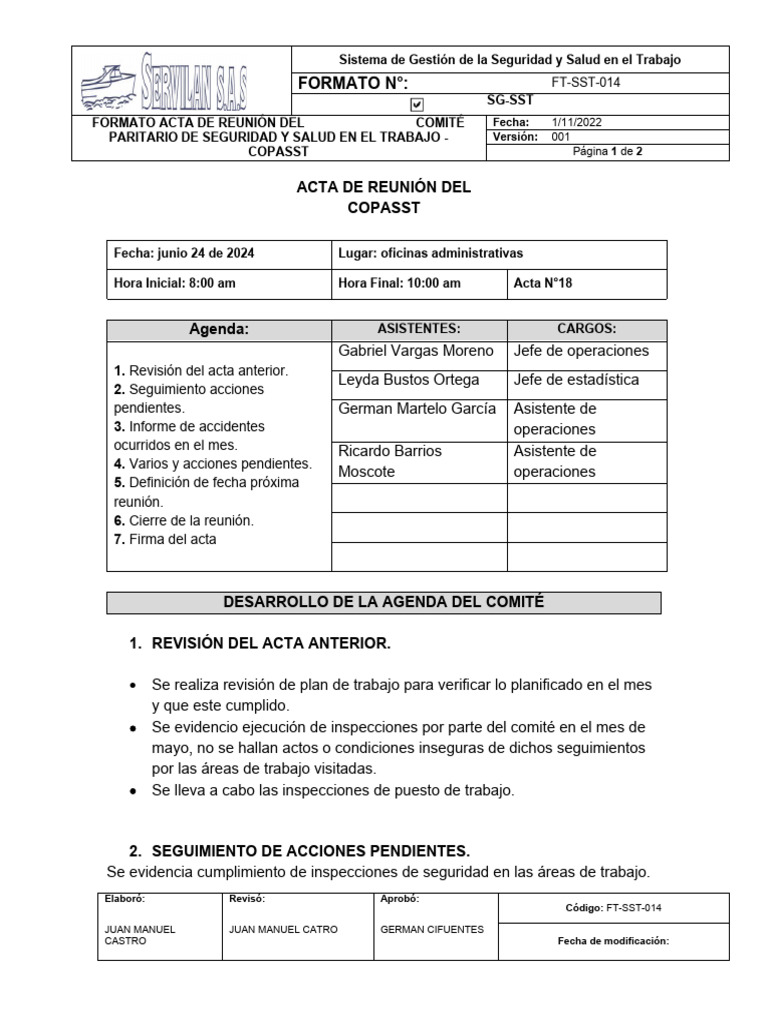 Acta Reunión COPASST Junio 2024 | PDF | Finanzas y dinero