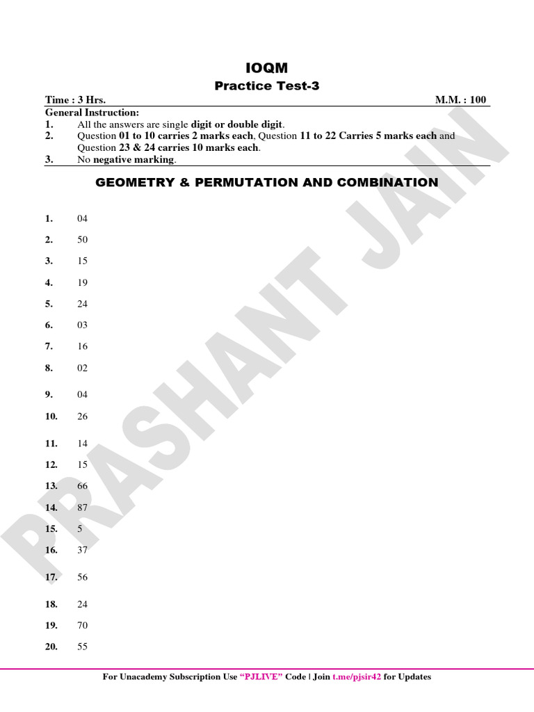 IOQM 2022 Practice Test-03 - Answerkey | PDF | Trigonometric Functions ...