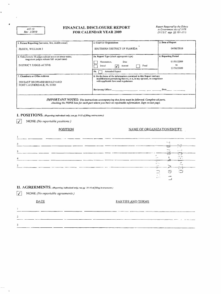 William J Zloch Financial Disclosure Report For 2009 | PDF | United ...